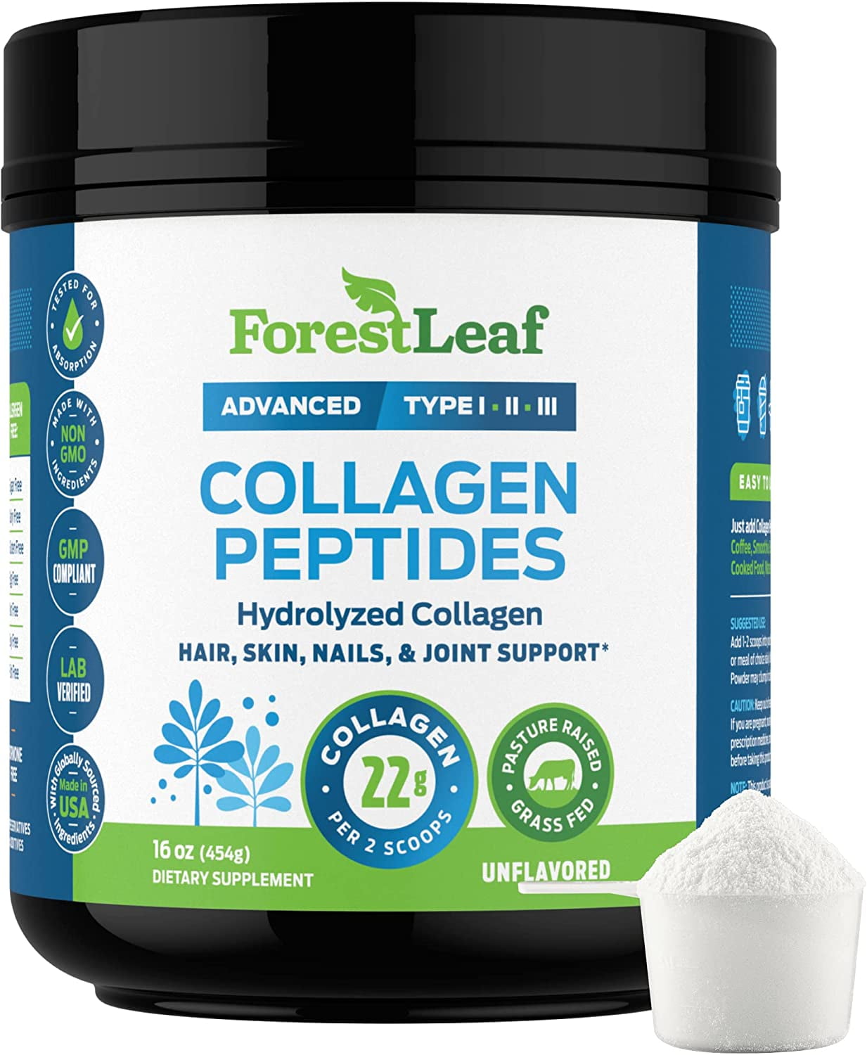 Forest Leaf Hydrolyzed Collagen Peptides, Grass Fed, Non-GMO, 1lb ...
