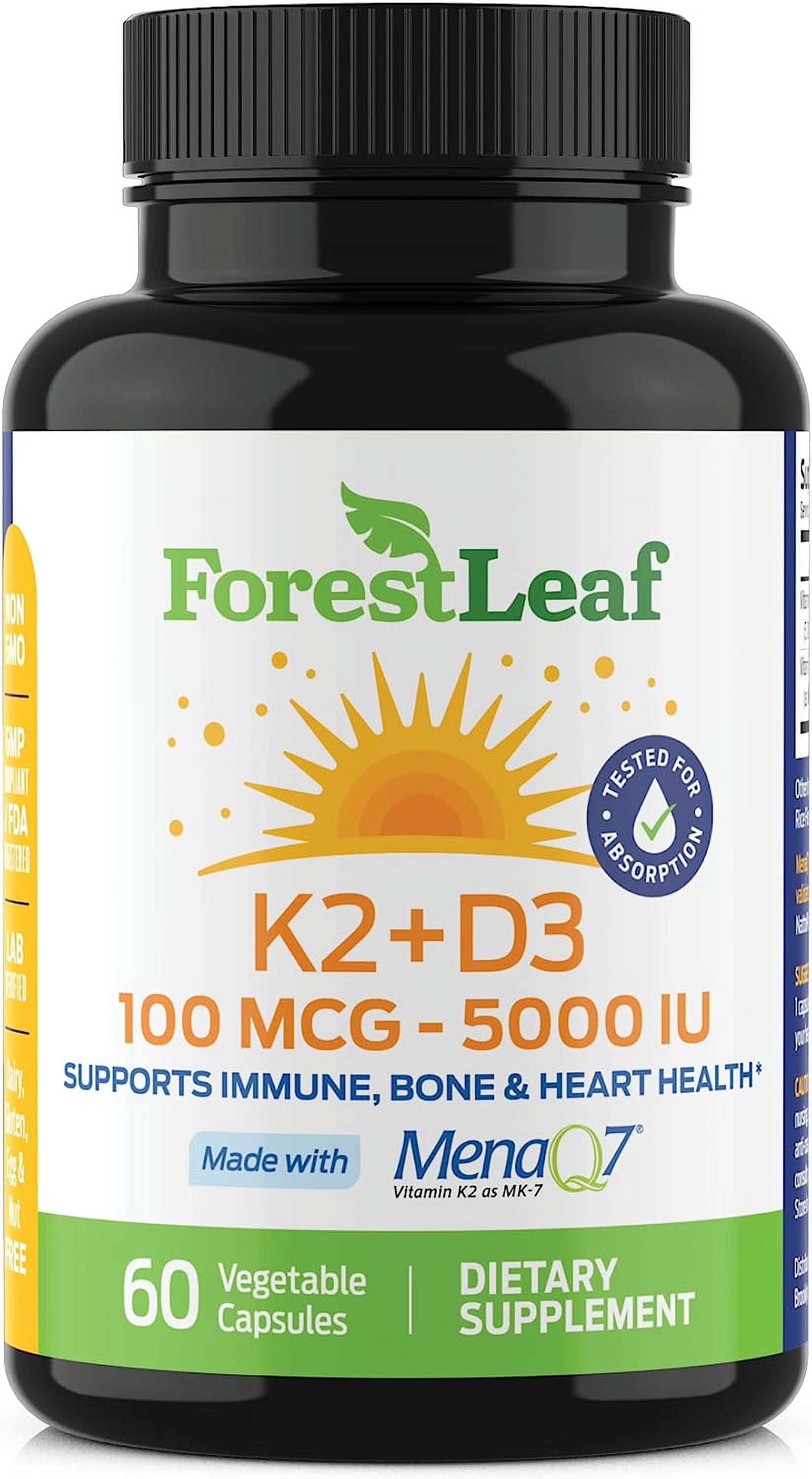 Forest Leaf Vitamin D3 + K2 (MK7) Supplement, Calcium for Strong Teeth, Bones, and Immune ...