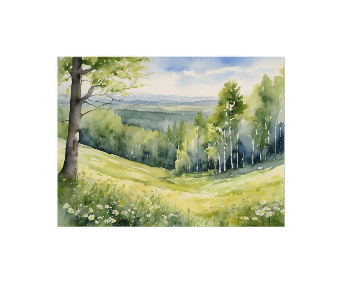 Forest Meadow Watercolor Style Poster Trees & Wildflowers Green ...