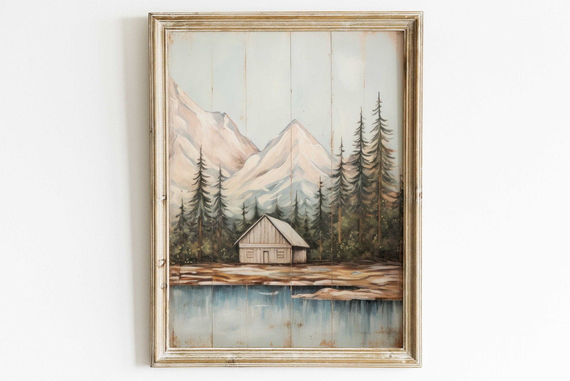 Forest And Mountain Cabin, Cottage Painting, Rustic Landscape Painting ...