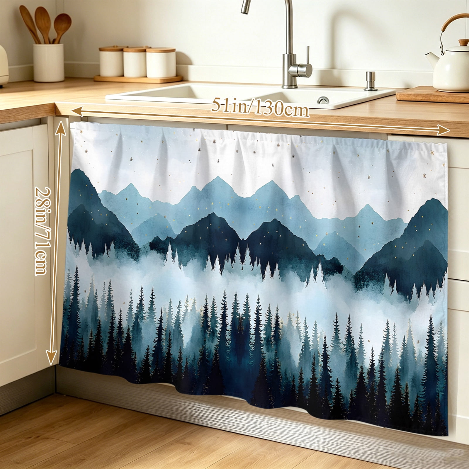 Forest Mountain Cabinet Curtain 28"W x 51"L, Vintage Peak Nature Sky ...