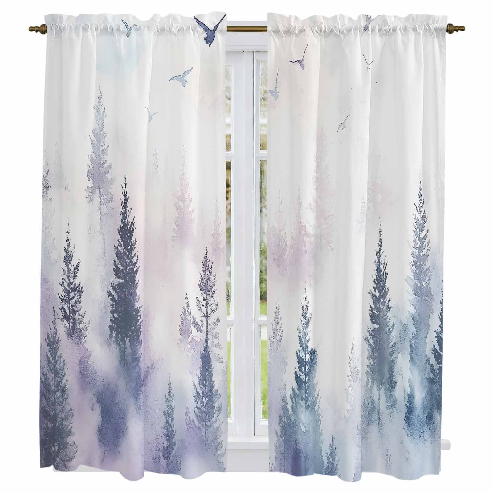 Forest Mountain Kitchen Curtains, Nature Tree Scenery Sky Birds Light ...