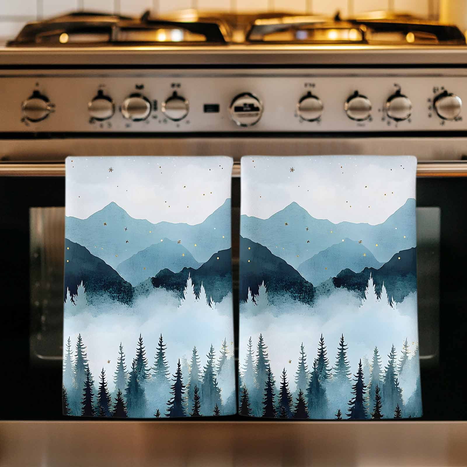 Forest Mountain Kitchen Towels Set of 1, Vintage Peak Nature Sky Star ...