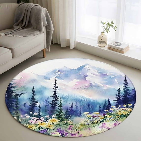 Forest Mountains Round Area Rug 4 FT, Non Slip Indoor Outdoor Rug, Oil ...