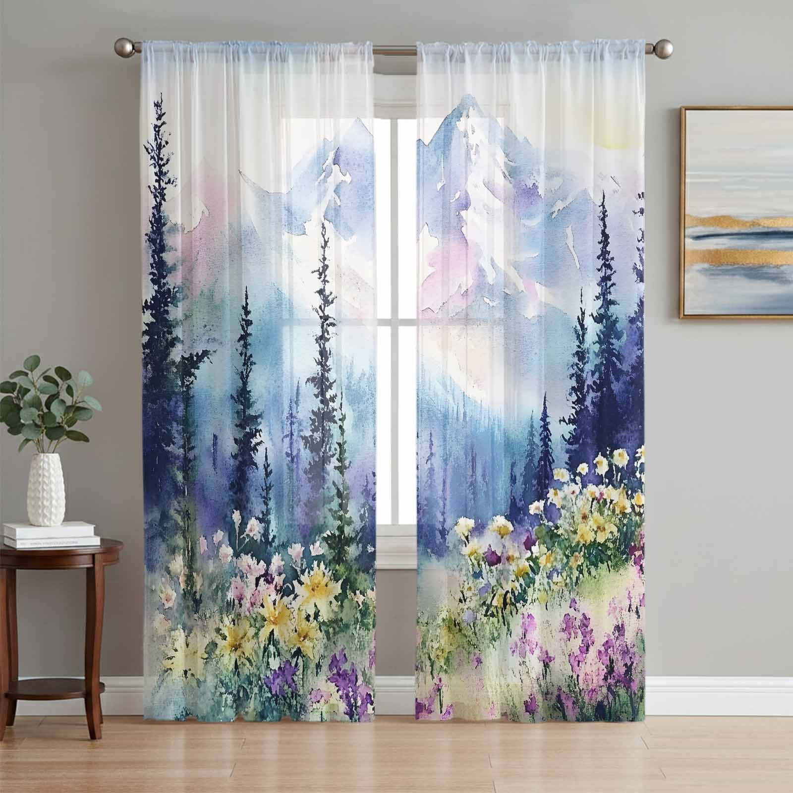 Forest Mountains Semi Sheer Curtains 84 Inch Length 2 Panels Set, Oil ...