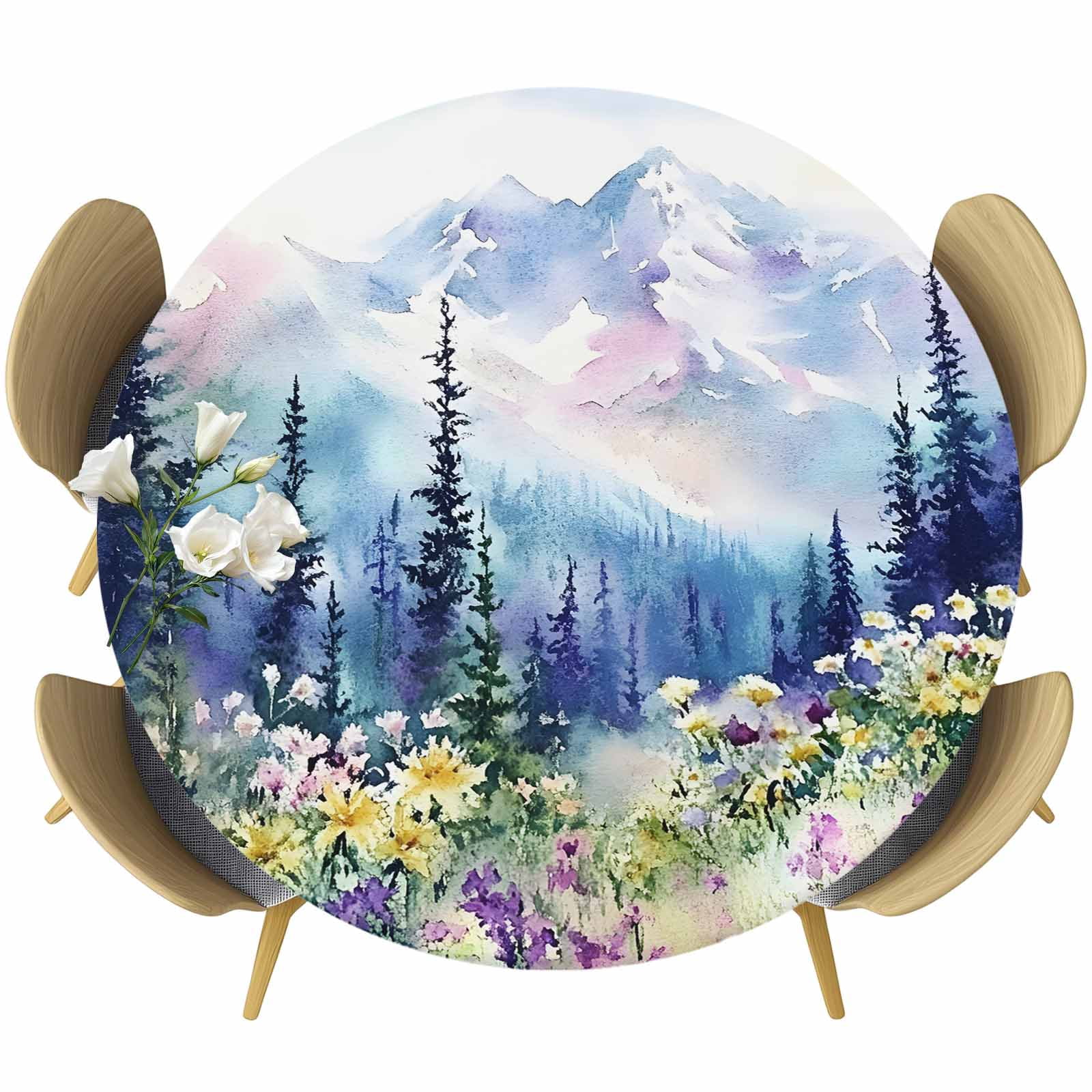 Forest Mountains Table Cloth, Round Fitted Tablecloths with Elastic ...