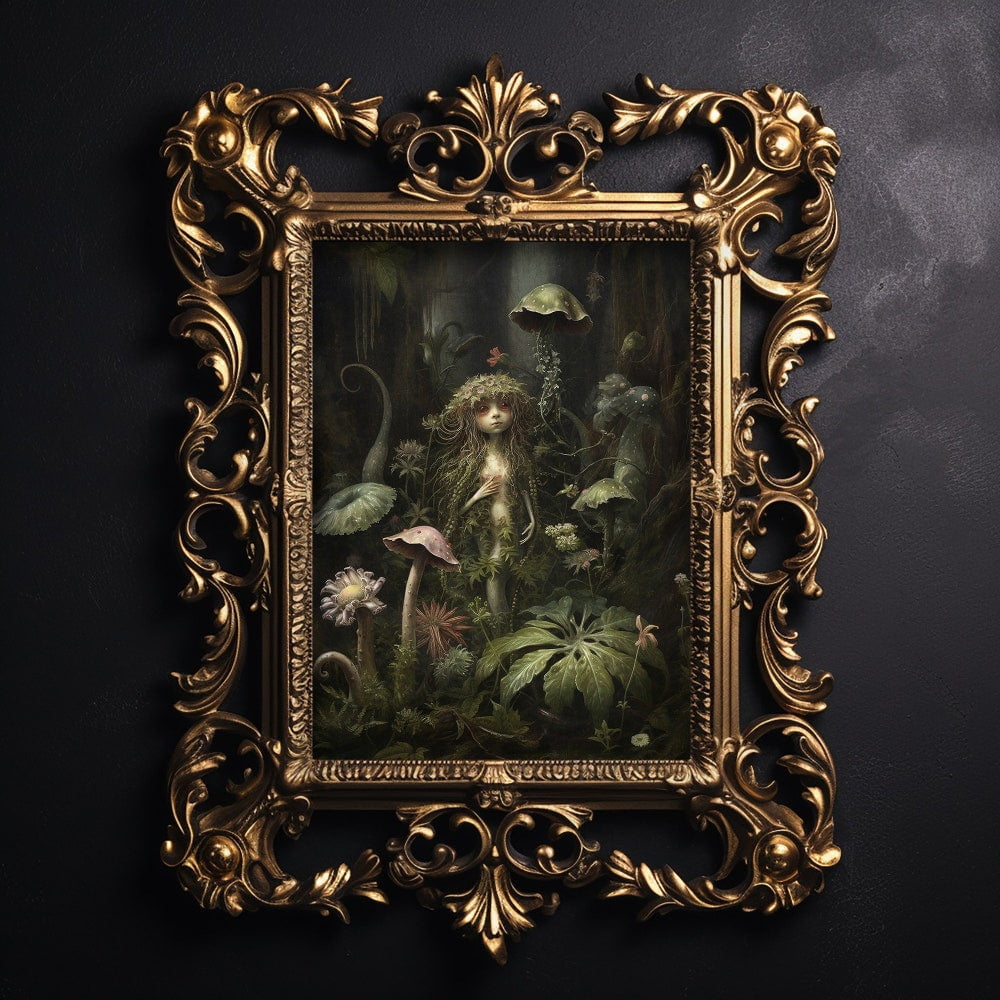Forest Mushroom Green Fairy, Moody Fern Painting Print, Cottagecore ...
