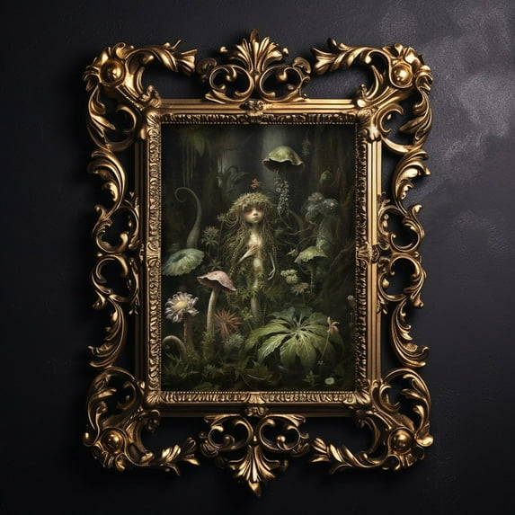 Forest Mushroom Green Fairy, Moody Fern Painting Print, Cottagecore ...