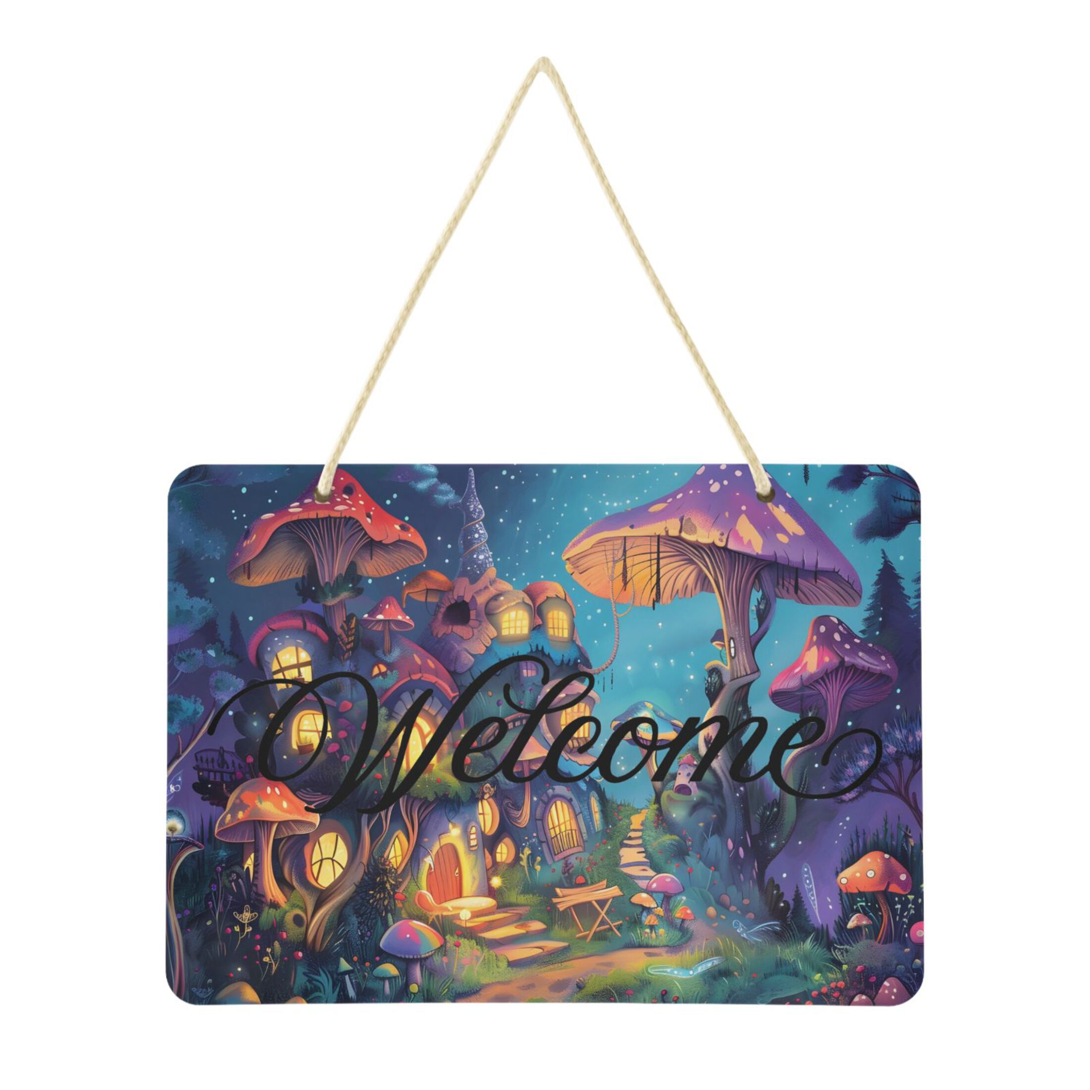 Forest Mushroom Houses Welcome Sign Front Door PVC 14x10 inch Hanger ...