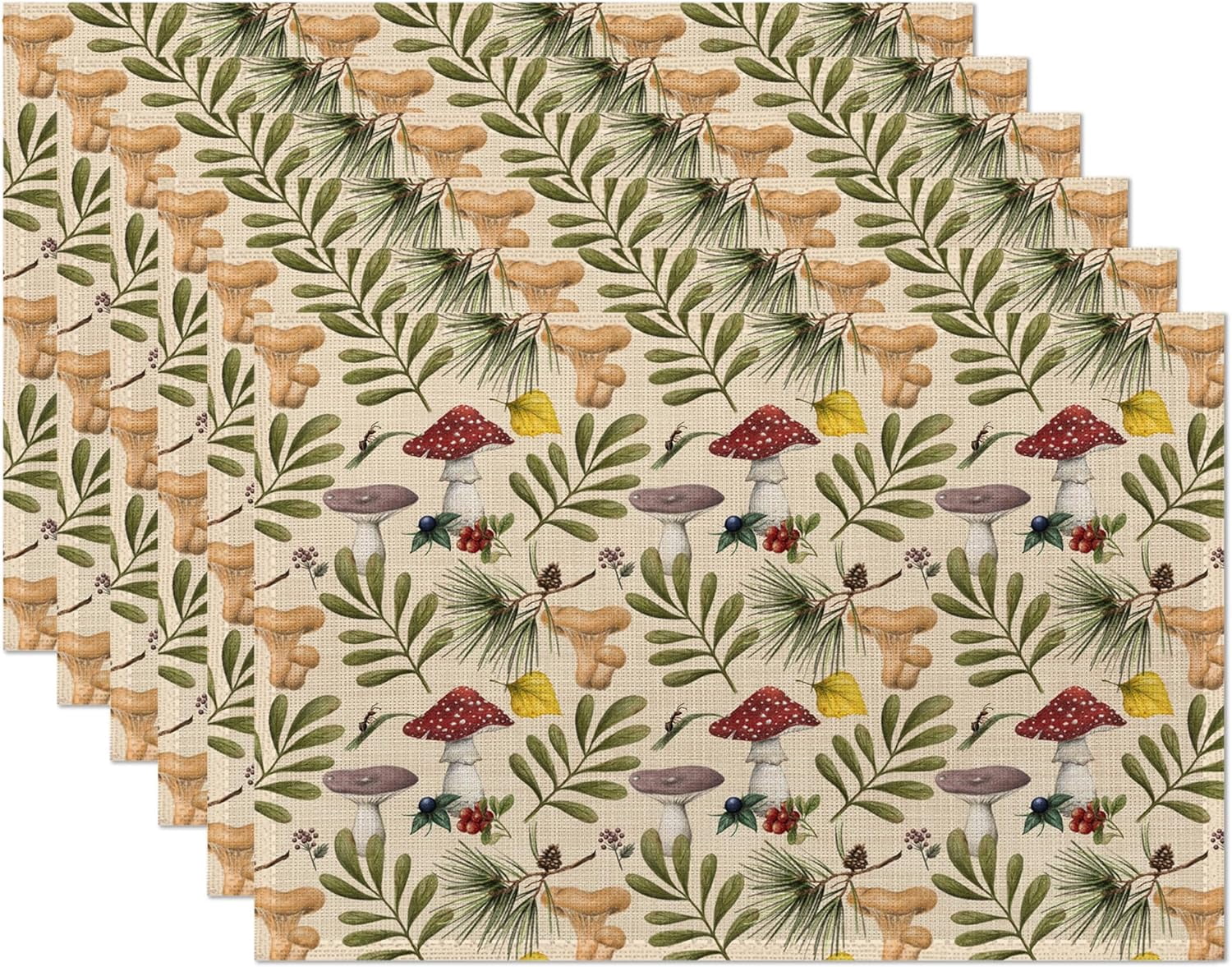 Forest Mushroom Placemats Set of 6,Herb Botanical Linen Washable ...