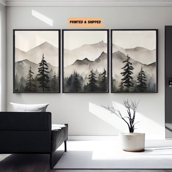 Forest Noir Mountain Wall Art Black White Set 3 Stretched Canvas 8x12 ...