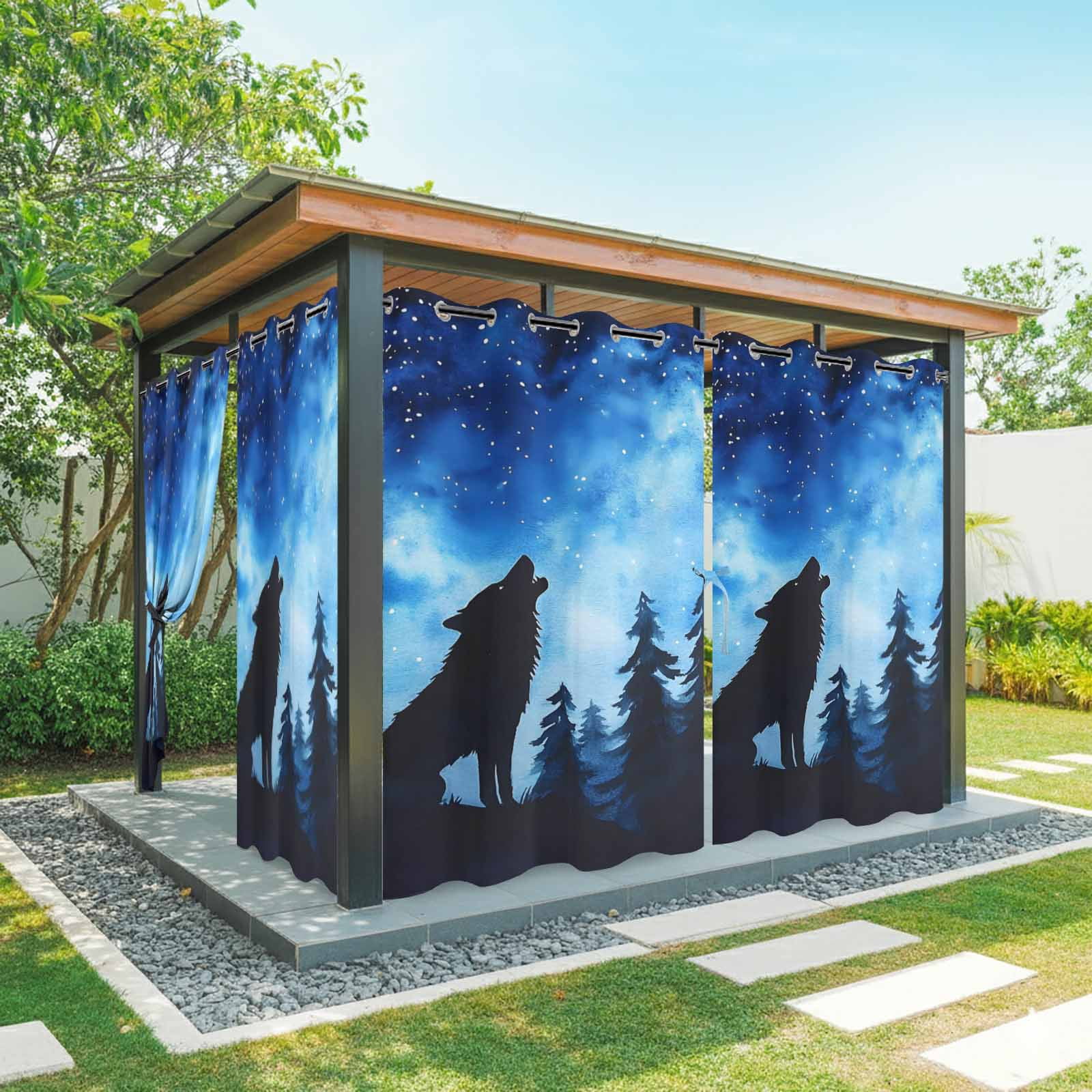 Forest Outdoor Curtains for Patio Waterproof, Wolf Stars Silhouette ...