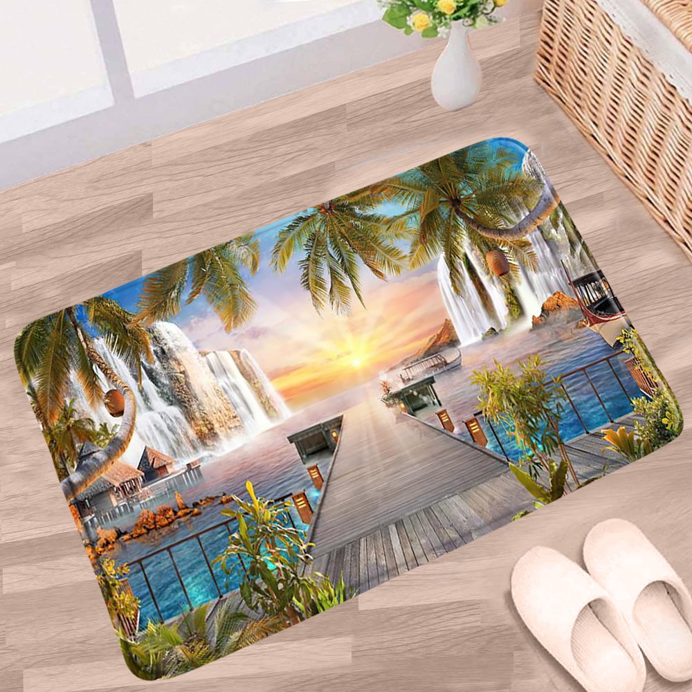 Forest Park Landscape Bath Mats Tropical Palm Tree Sea Beach Waterfall ...