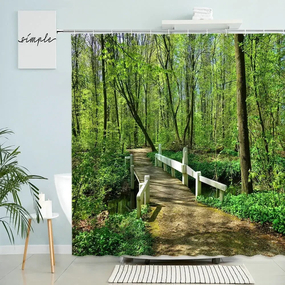 Forest Park Scenery Shower Curtain Green Plants Flowers Wooden Bridge ...