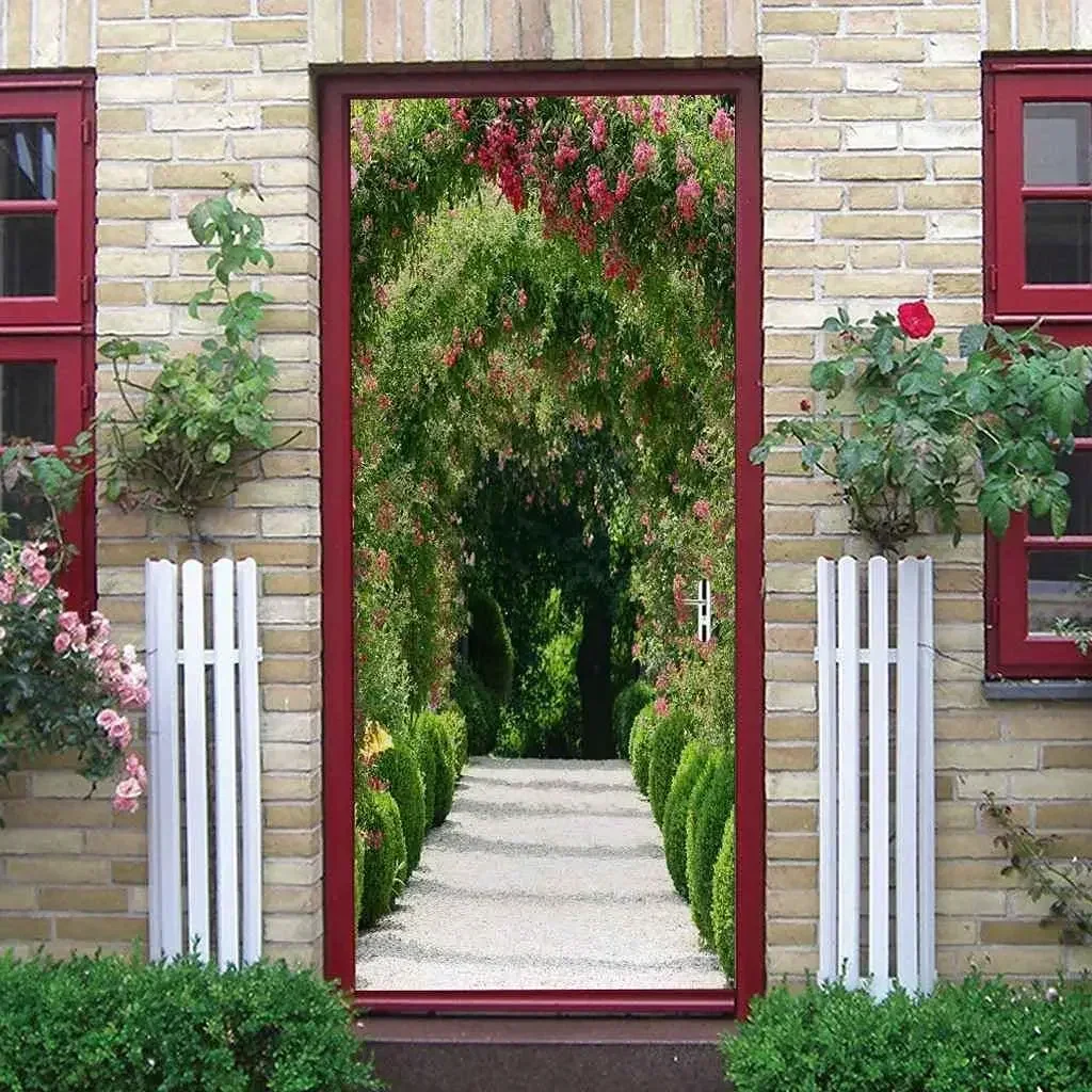 Forest Path Door Sticker Red Maple Leaf Decal Removable Natural Scenery ...