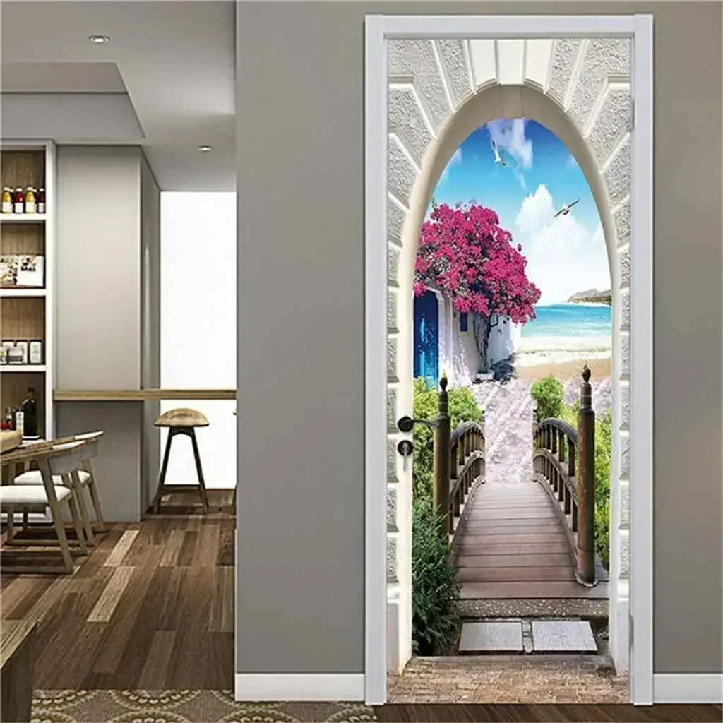 Forest Path Door Sticker Red Maple Leaf Decal Removable Natural Scenery ...