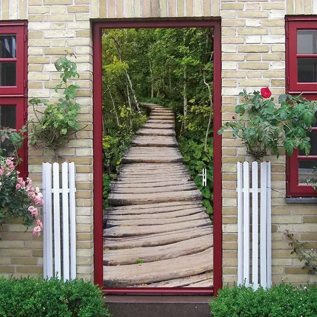 Forest Path Door Sticker Red Maple Leaf Decal Removable Natural Scenery ...