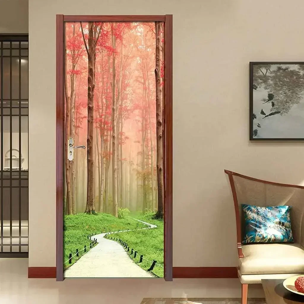 Forest Path Door Sticker Red Maple Leaf Decal Removable Natural Scenery ...