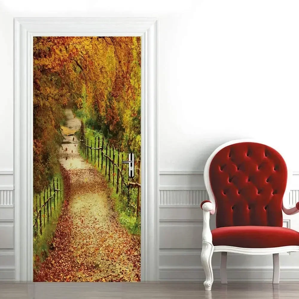 Forest Path Door Sticker Red Maple Leaf Decal Removable Natural Scenery ...