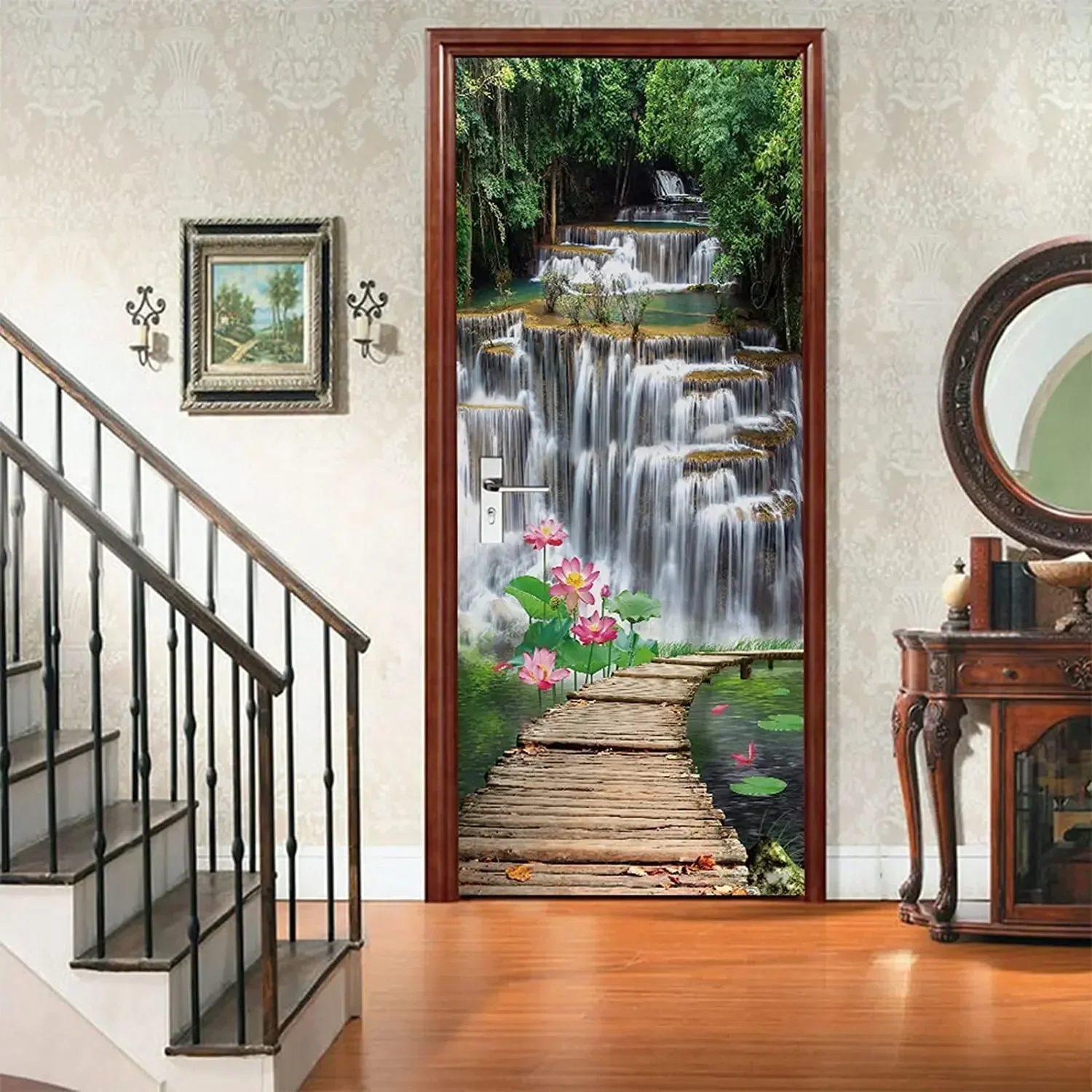 Forest Path Door Sticker Red Maple Leaf Decal Removable Natural Scenery ...