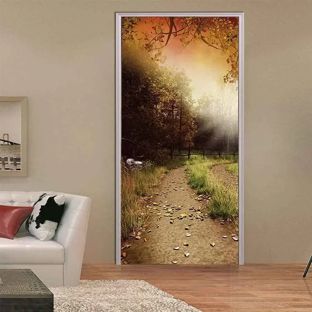 Forest Path Door Sticker Red Maple Leaf Decal Removable Natural Scenery ...