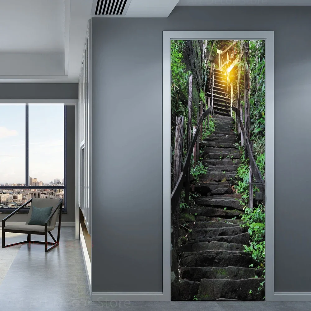 Forest Path Door Stickers Green Jungle Plant Wallpaper Cover Natural ...