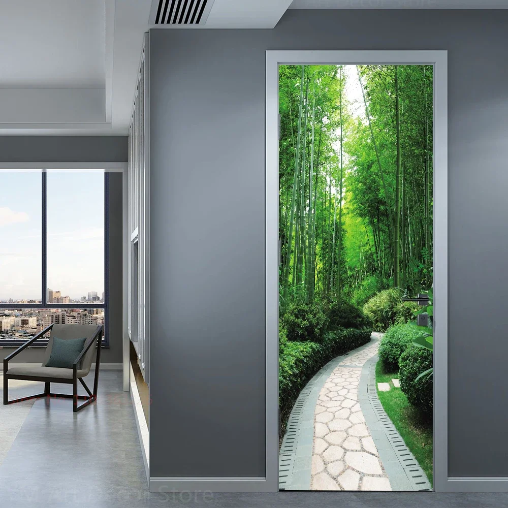Forest Path Door Stickers Green Jungle Plant Wallpaper Cover Natural ...