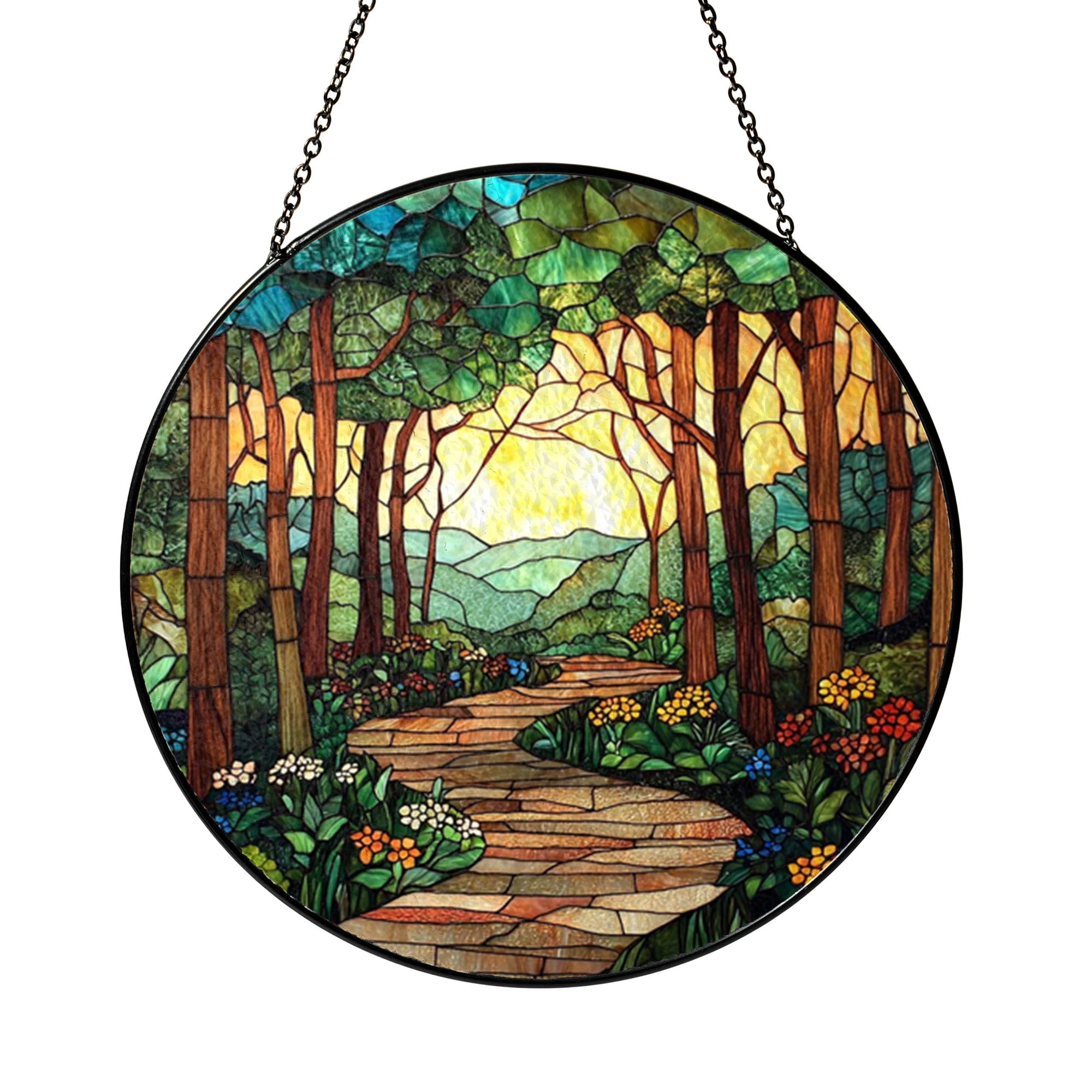 Forest Path Stained Glass Style Suncatcher, Fantasy Woodland Landscape ...