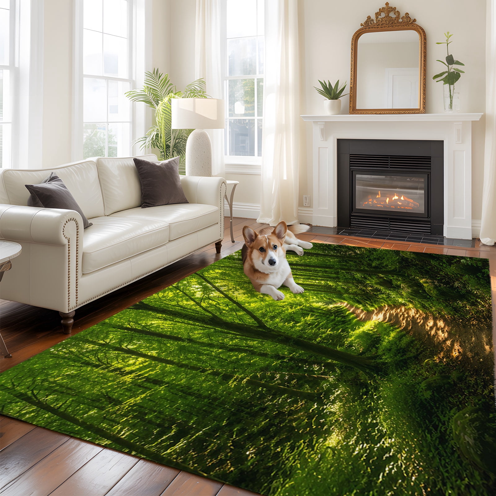 Forest Path Washable Area Rug 5x7 Summer Green Foliage Ancient Trees ...
