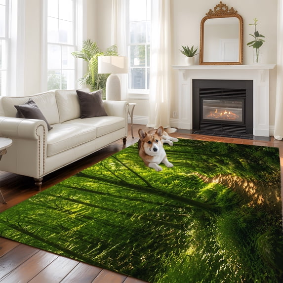 Forest Path Washable Area Rug 5x7 Summer Green Foliage Ancient Trees ...