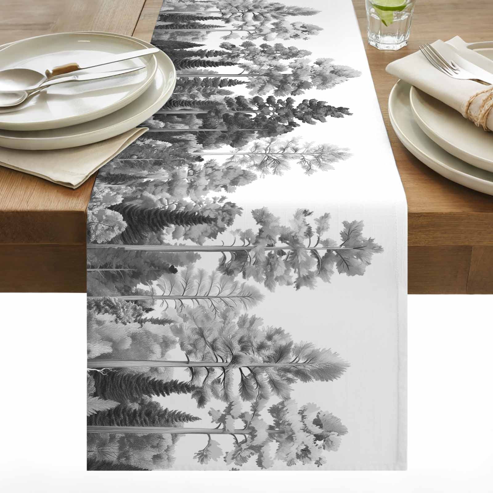 Forest Pine Trees Table Runner 13x48 inch Hand Drawn Plant Cotton Linen ...