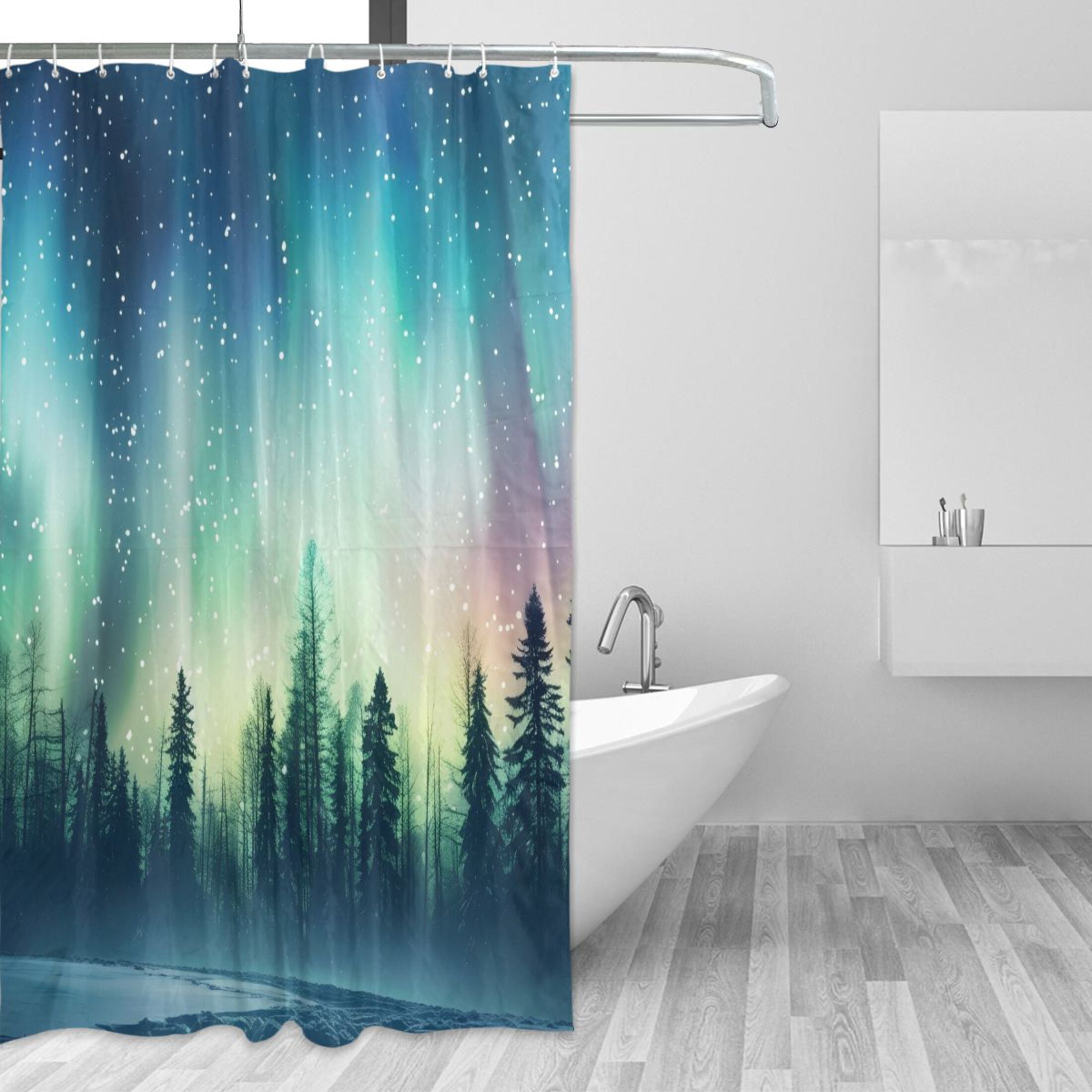 Forest Polar Lights Stars Trees Shower Curtains with 12 Hooks ...