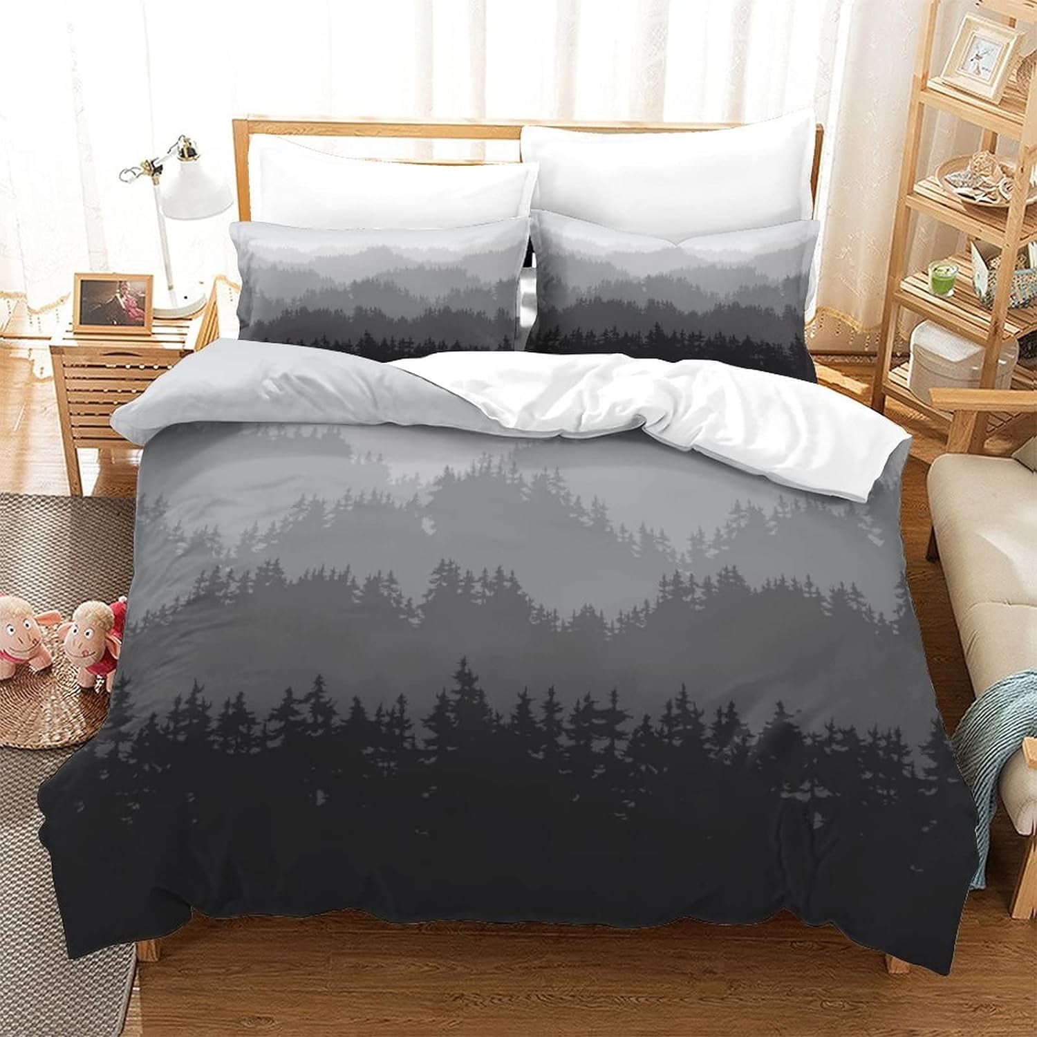 Forest Print Comforter Set, Black Watercolor Forest Tree Silhouette Room Decor Comforter Set ...