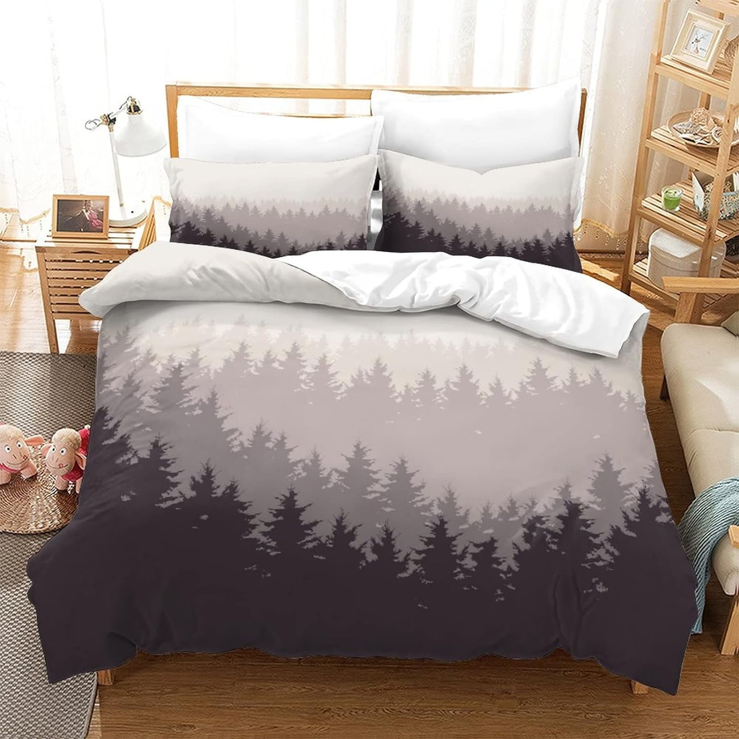 Forest Print Comforter Set, Black Watercolor Forest Tree Silhouette ...