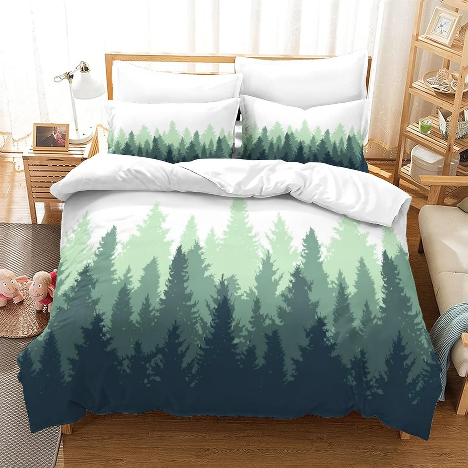 Forest Print Comforter Set, Green Watercolor Forest Tree Silhouette ...