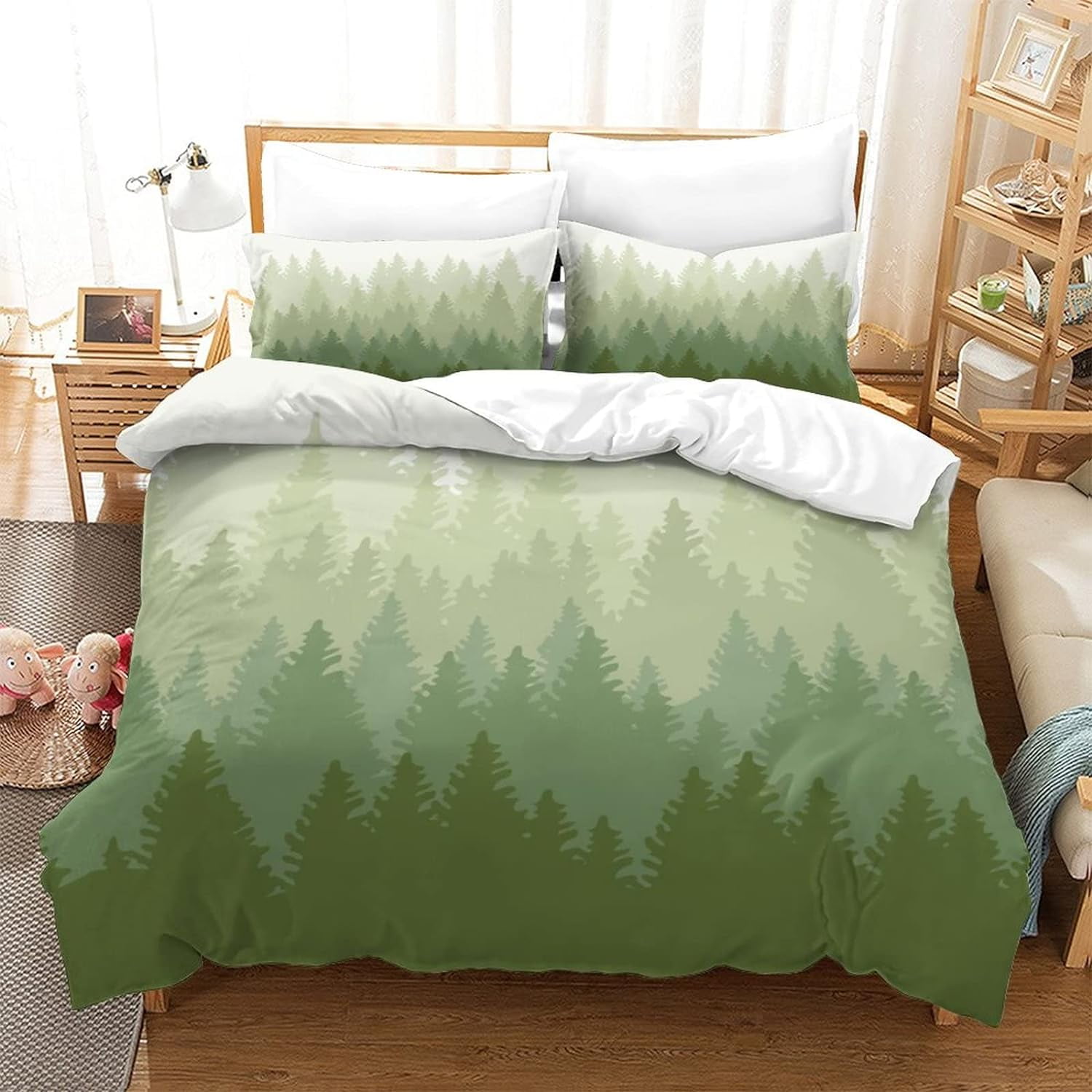 Forest Print Comforter Set, Green Watercolor Forest Tree Silhouette ...