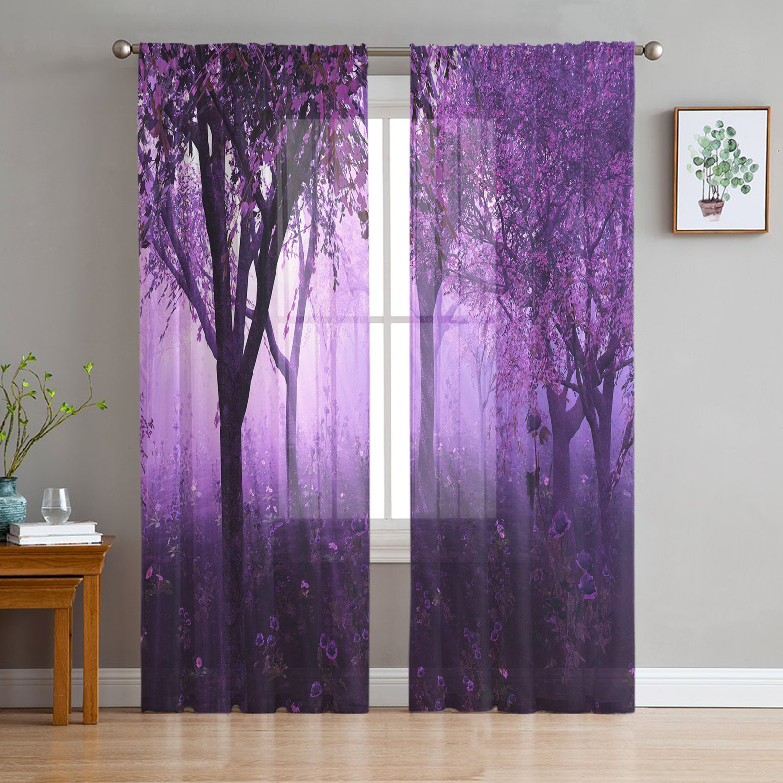Forest Purple Trees Flowers Tulle Curtains for Living Room Bedroom ...