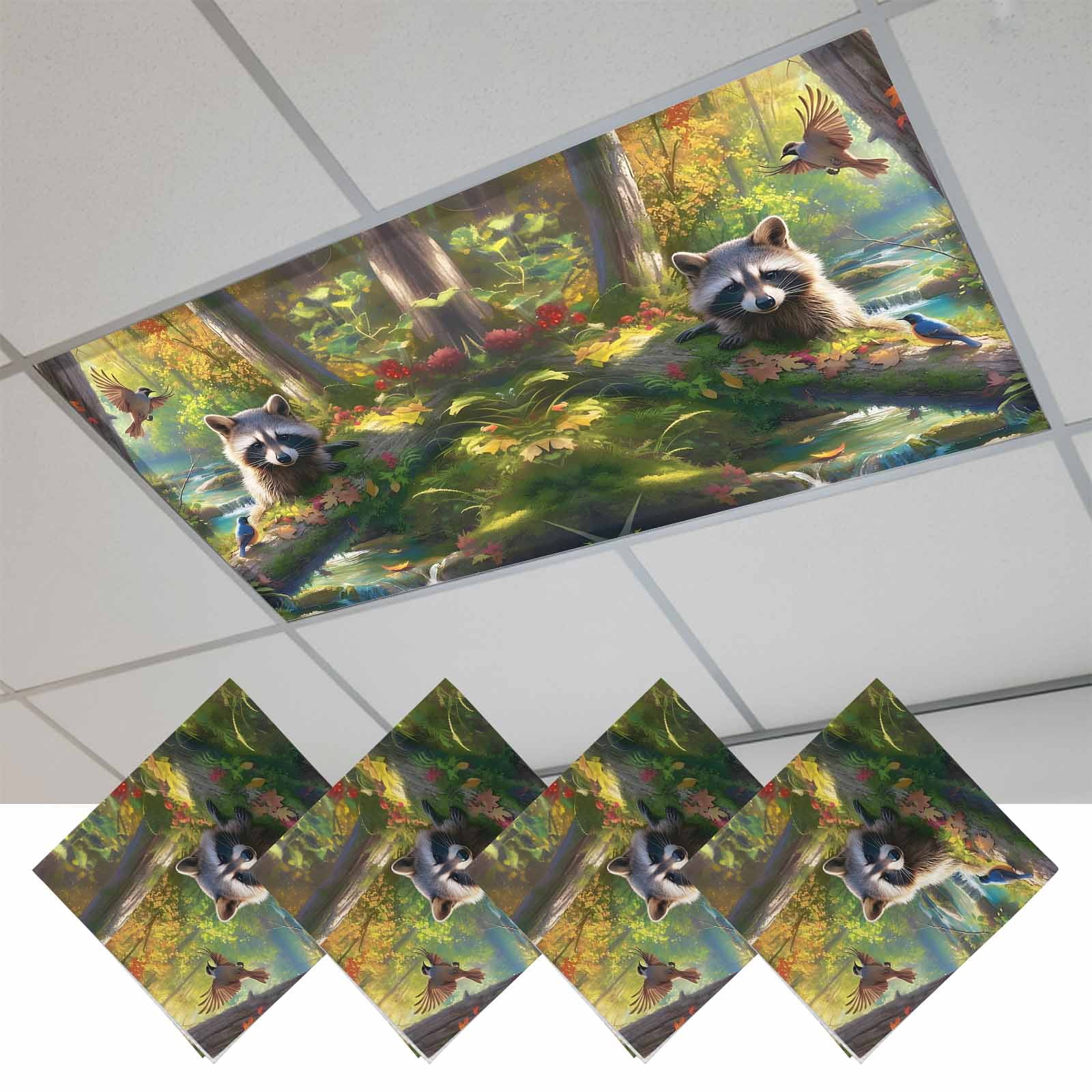 Forest Raccoon Fluorescent Light Covers, Animal Bird Mountains Tree ...