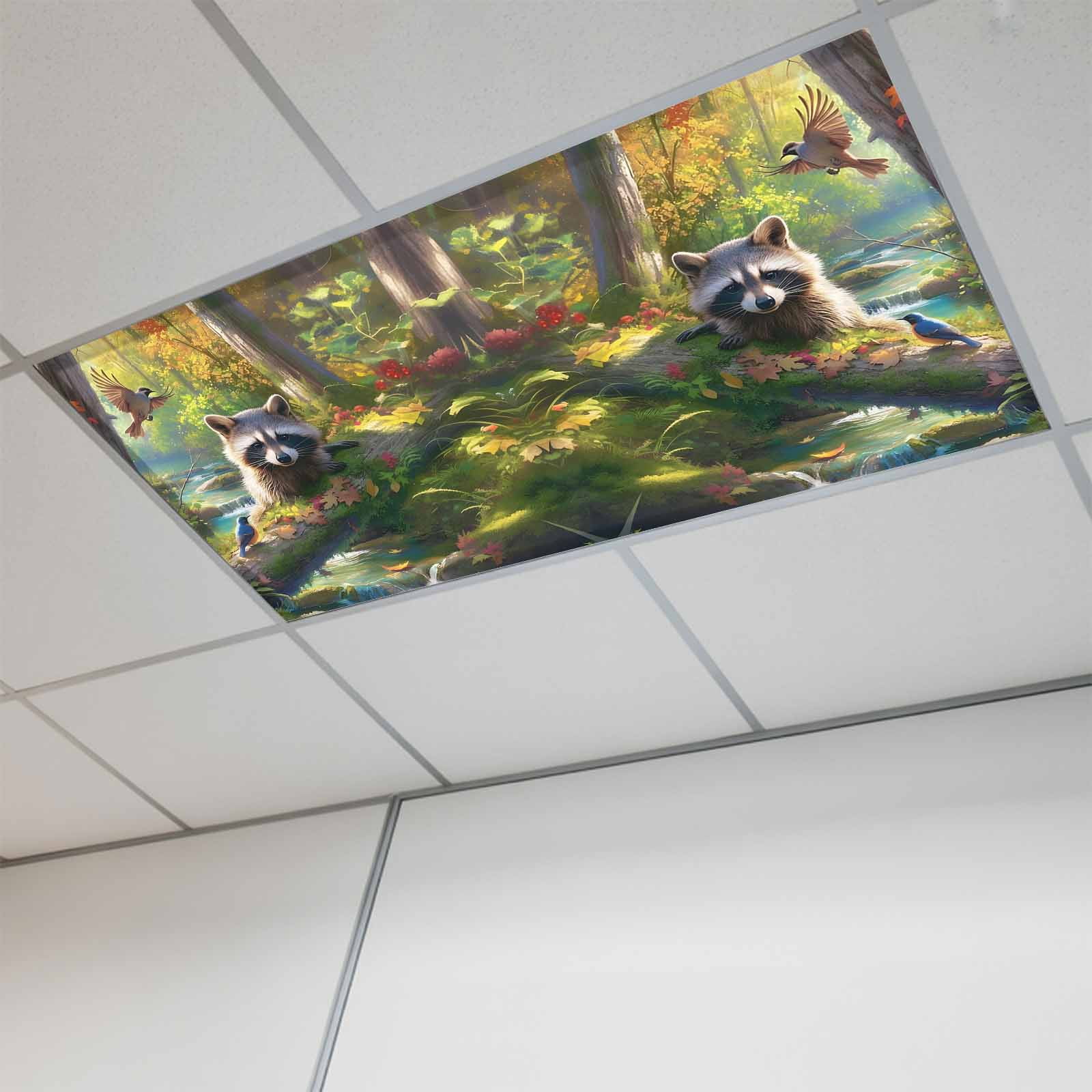 Forest Raccoon Fluorescent Light Covers, Animal Bird Mountains Tree ...