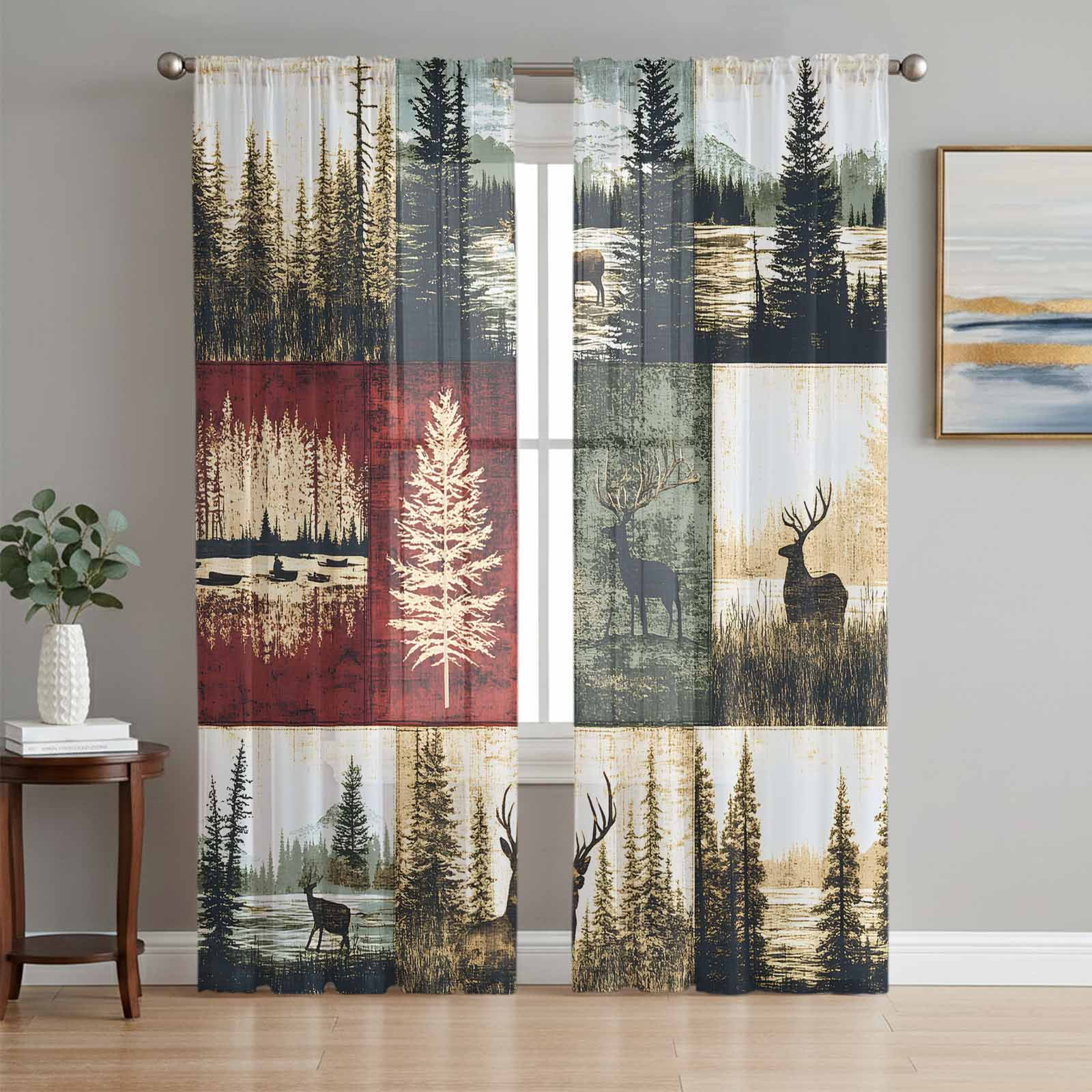Forest Reindeer Sheer Curtains 84 Inch Length 2 Panels Set, Country ...