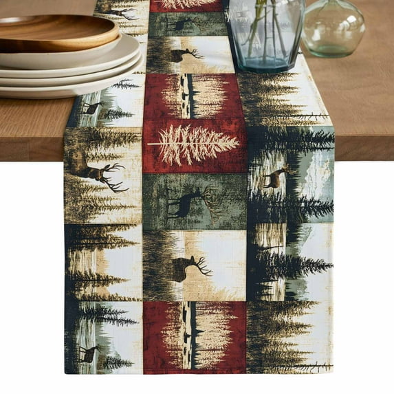 Forest Reindeer Table Runner, Country Rustic Green Red Patchwork ...