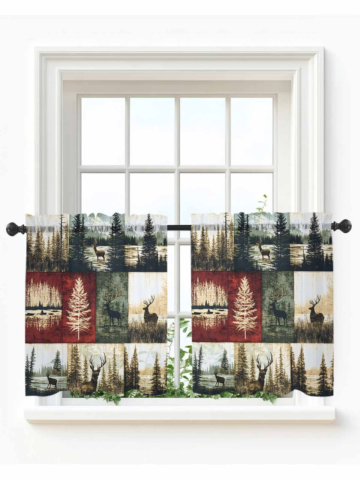 Forest Reindeer Tier Curtains 36 Inch Length,Sheer Curtains for Bedroom ...