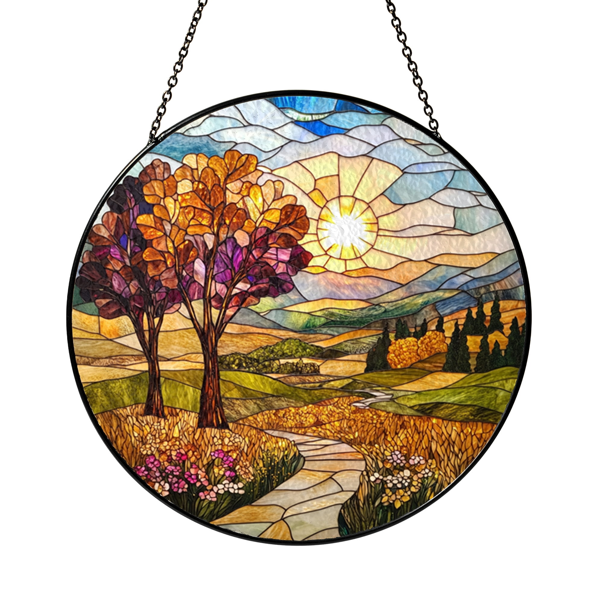 Forest River Path Sun Catcher Stained Glass Style Round Landscape ...