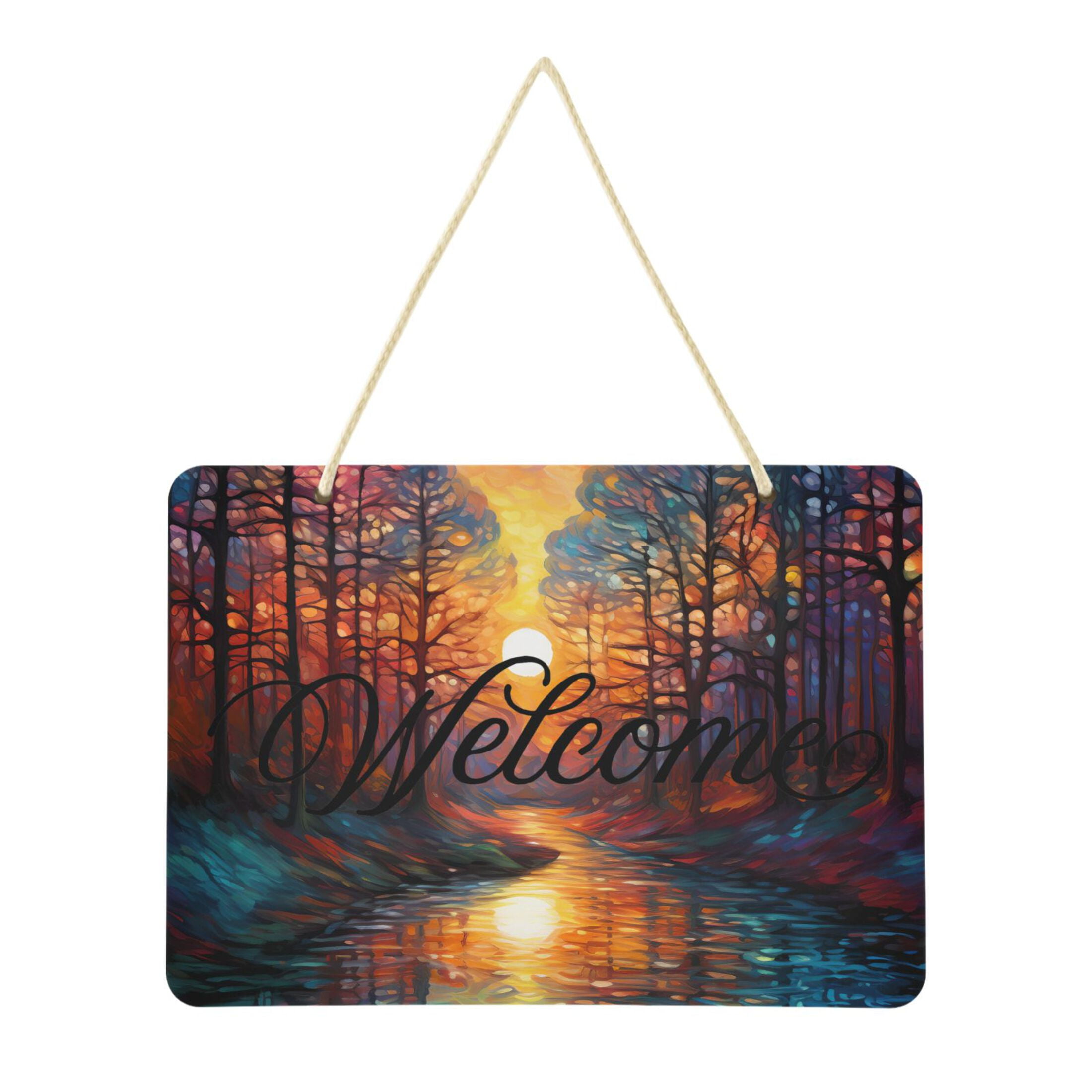 Forest River Sunset Welcome Sign Front Door PVC 14x10 inch Hanger Hello ...