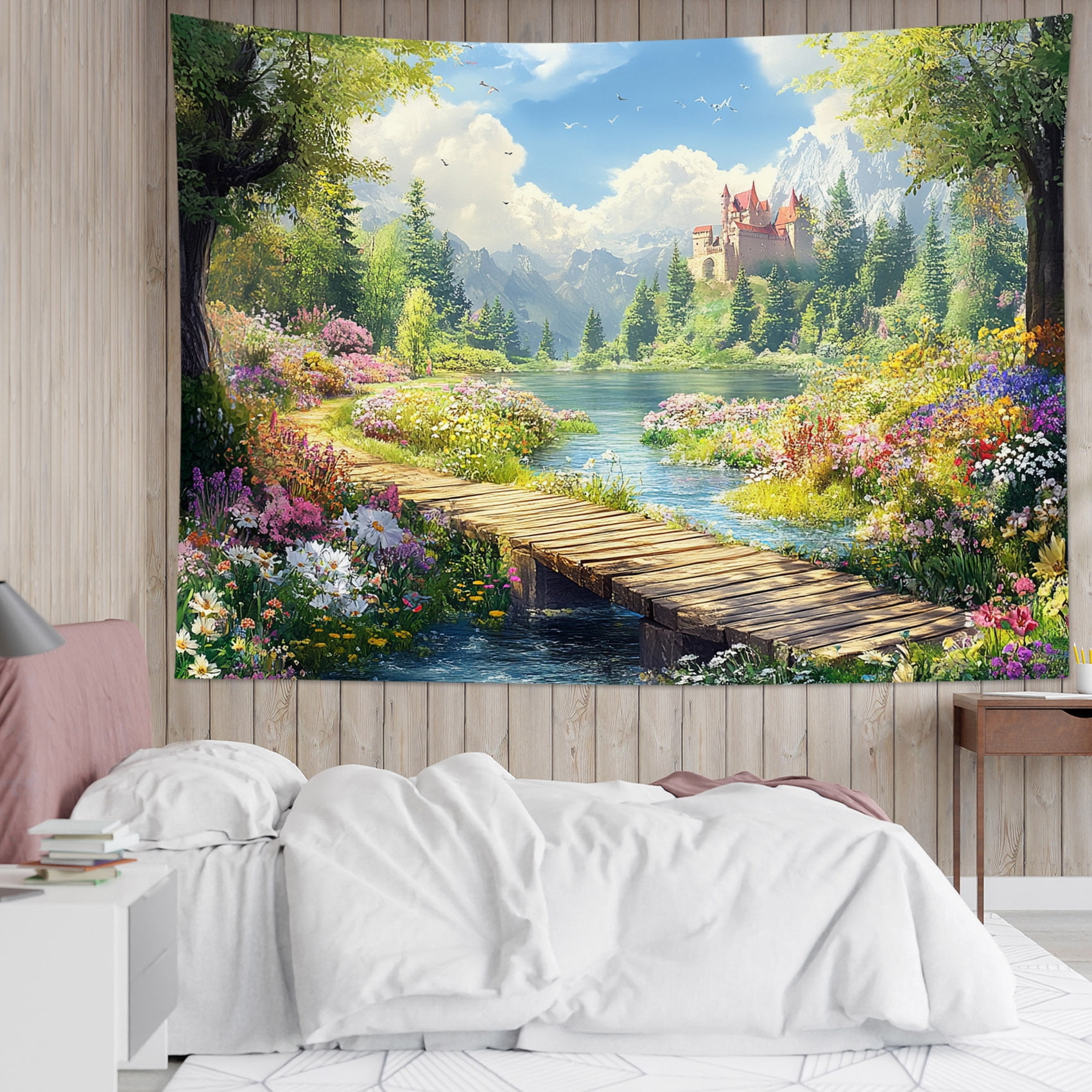 Forest River Tapestry Wall Hanging Green Tree and Colorful Wildflower ...