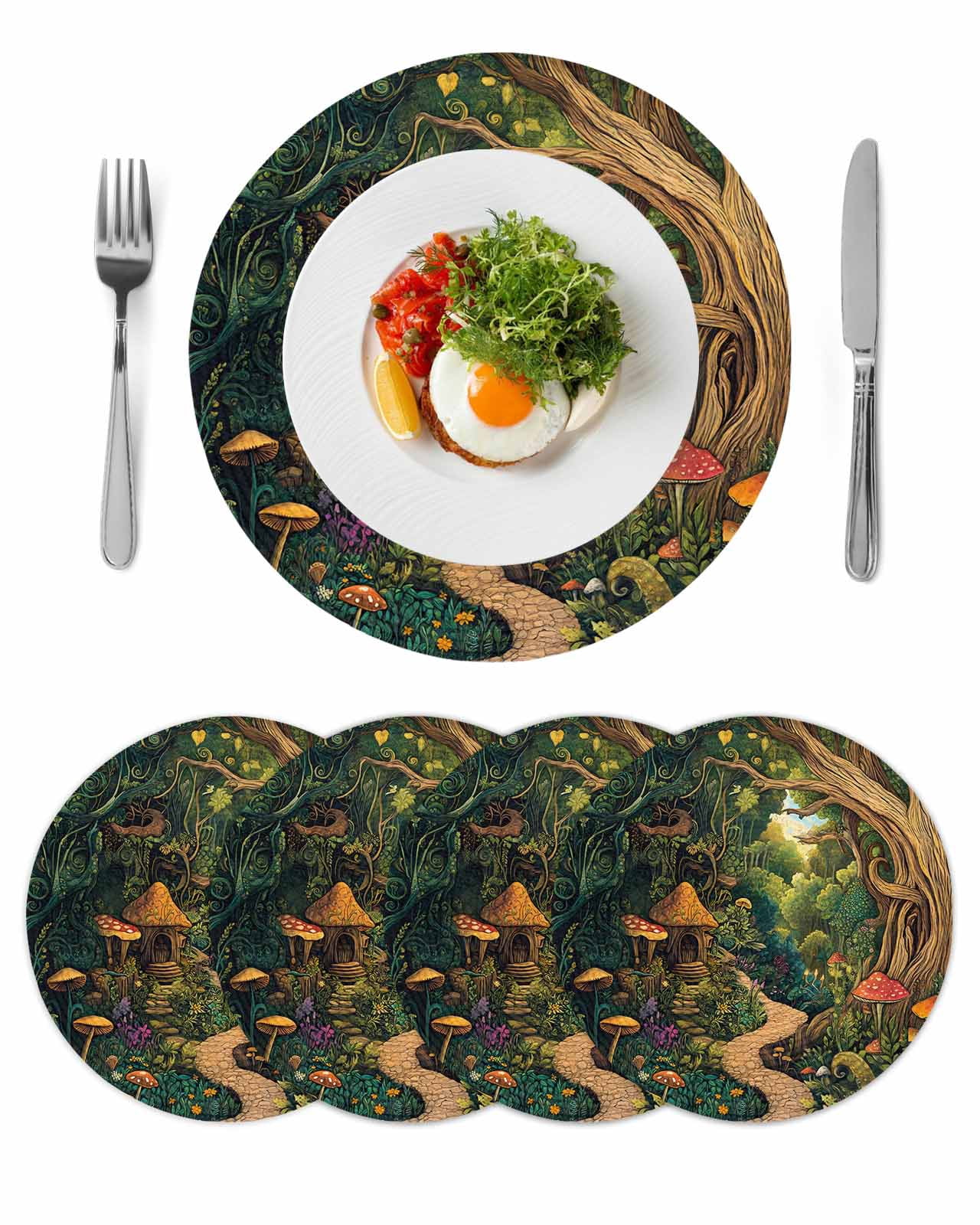 Forest Round 13 Inch Placemats Set of 4, Vintage Cottage Mushroom Tree ...