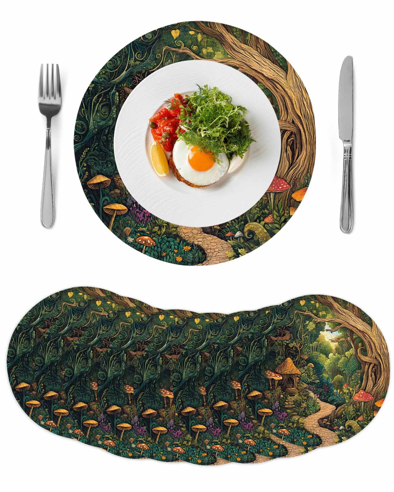 Forest Round 13 Inch Placemats Set of 8, Vintage Cottage Mushroom Tree ...