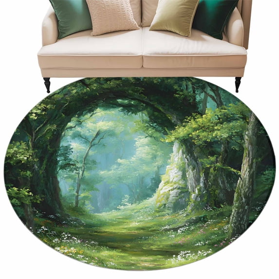 Forest Round Area Rugs Collection 6', Nature Green Tree Spring Scenic ...