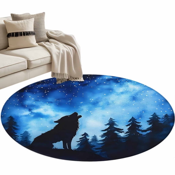 Forest Round Area Rug 3.3ft Wolf Stars Silhouette Night Blue Sky Non ...