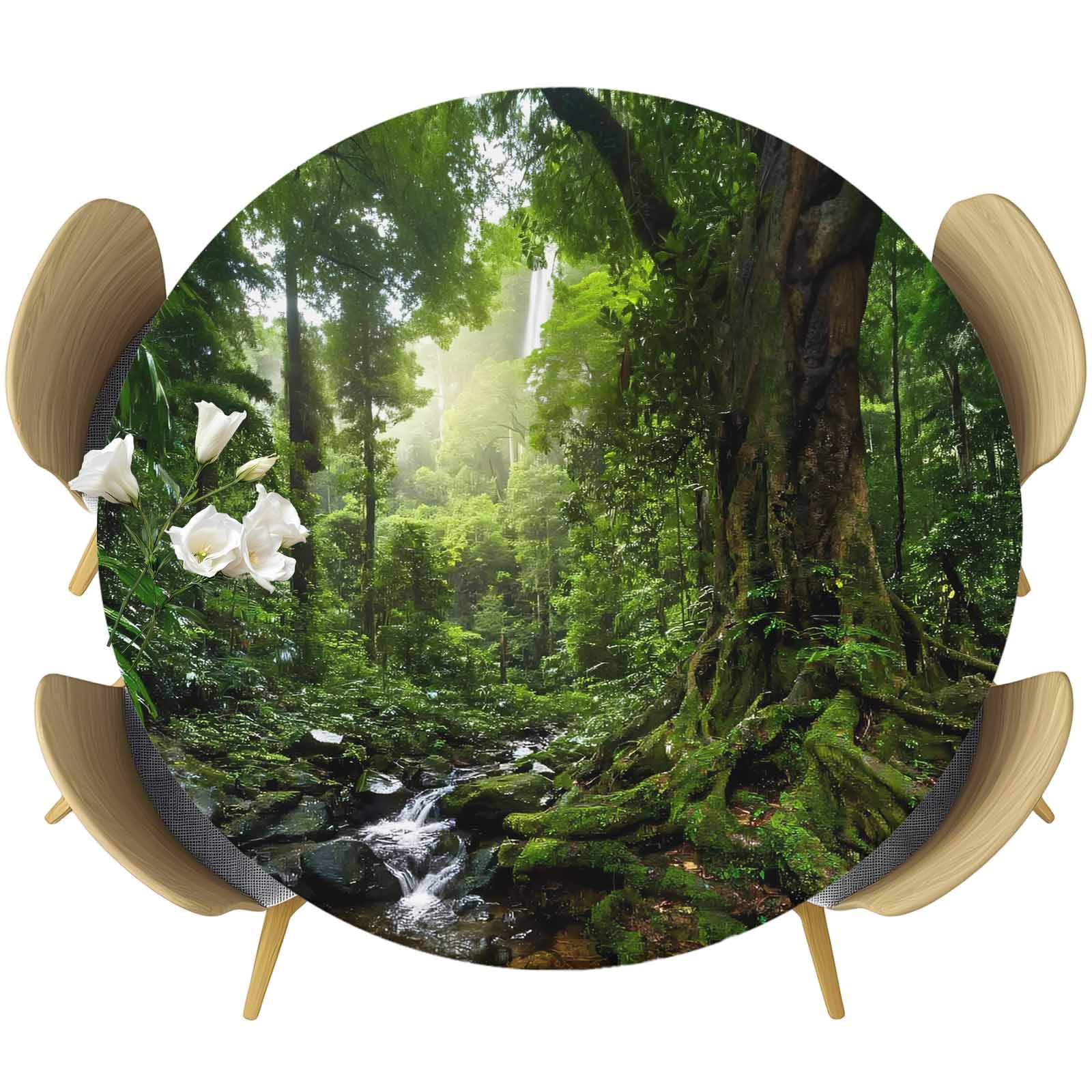 Forest Round Fitted Tablecloth with Elastic Edge, Landscapes Tree ...